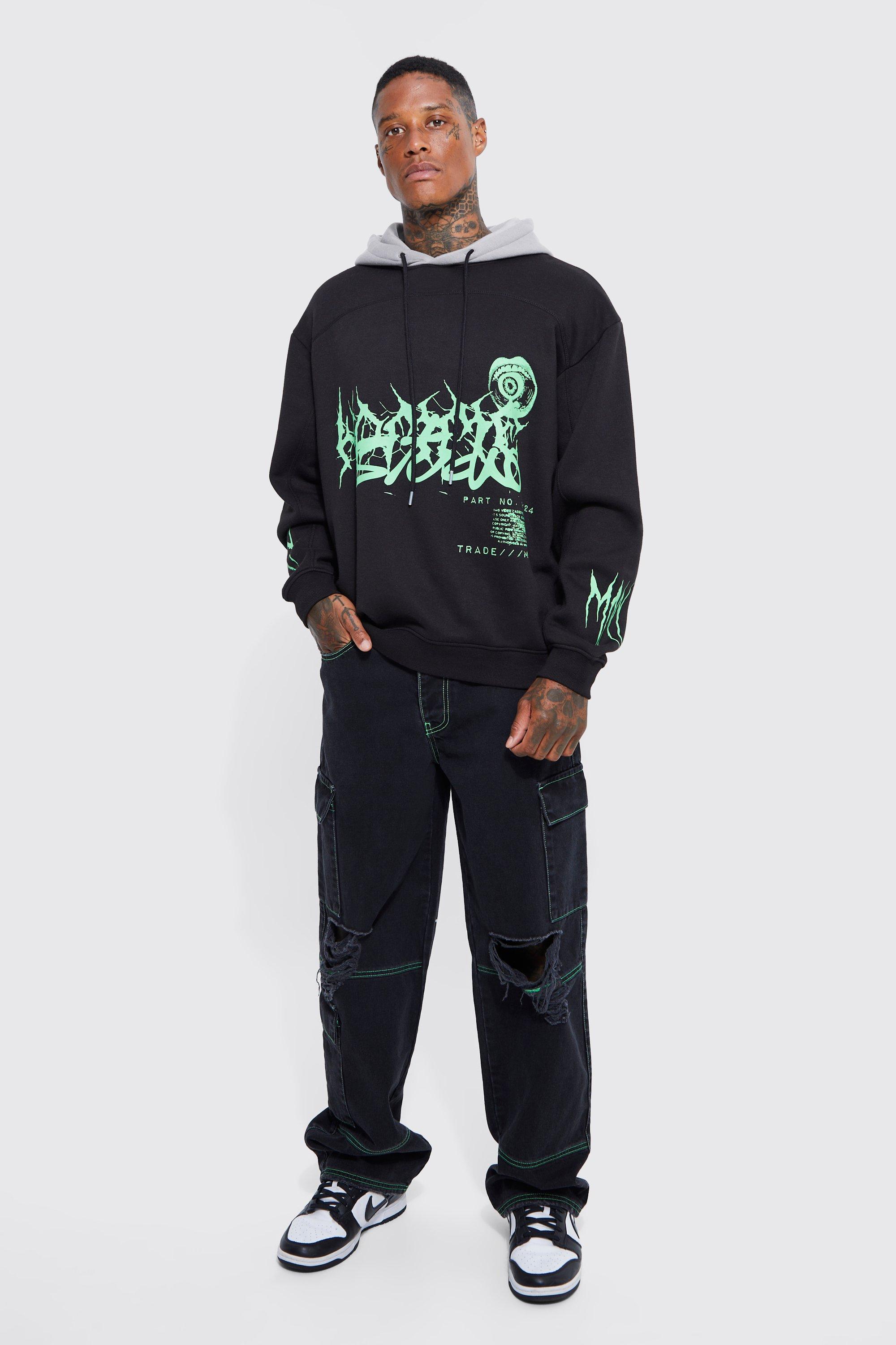 Baggy Busted Knee Contrast Stitch Cargo Jeans | boohoo Baggy Busted Knee Contrast Stitch Cargo Jeans | boohoo